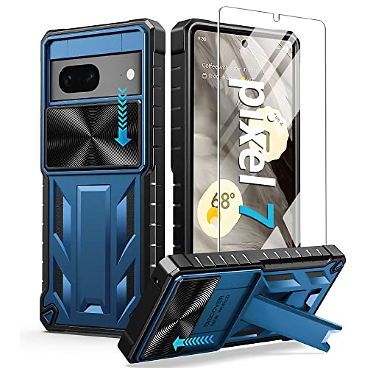 FNTCASE for Google Pixel 7 Case: Military Grade Shockproof Drop Protective Phone Cover with Kickstand, Slide Camera Cover & Screen Protector, Heavy Duty Cell Phone Case for Pixel 7-6.3 inch Blue