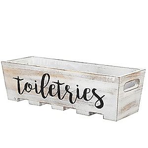 MyGift White Washed Solid Wood Toilet Tank Tray Bathroom Vanity Tray for Toiletries and Guest Towel Storage Organizer with Toiletries Cursive Writing Design