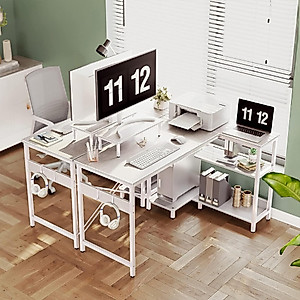 ODK 47 Inch Small L Shaped Computer Desk with Reversible Storage Shelves, L-shaped Corner Desk with Monitor Stand for Small Space, Modern Simple Writing Table for Home Office Workstation, White