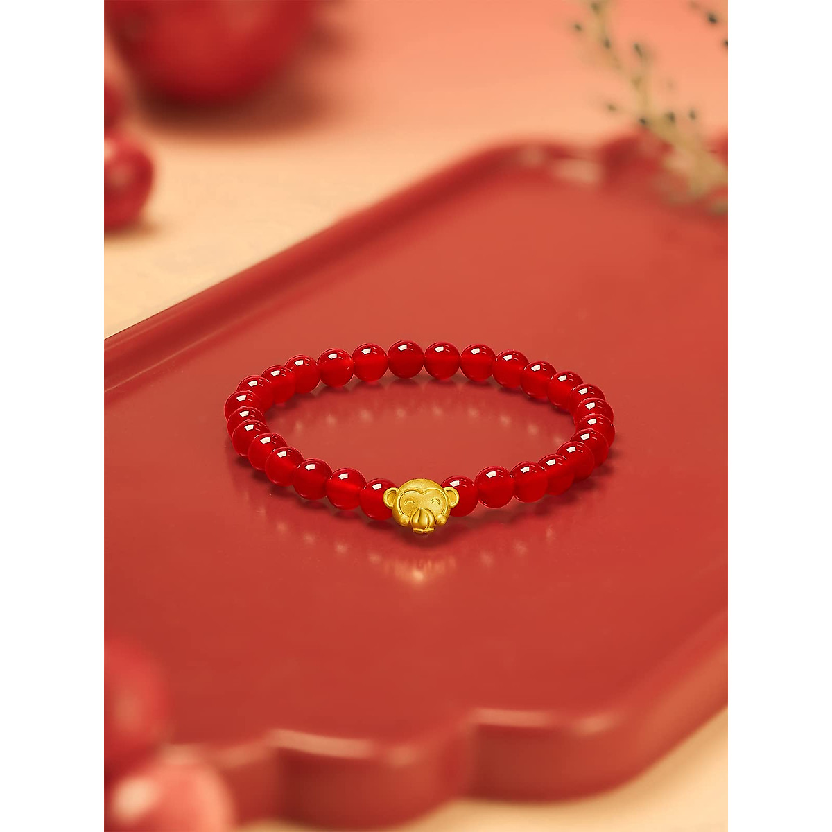 ZHOU LIU FU 24K Solid Gold Bracelets for Women, Stretchable Lucky Animals Real Gold Rabbit Bangle Charm Bracelets, Pure Gold Agate Beaded Zodiac Bunny Bracelet