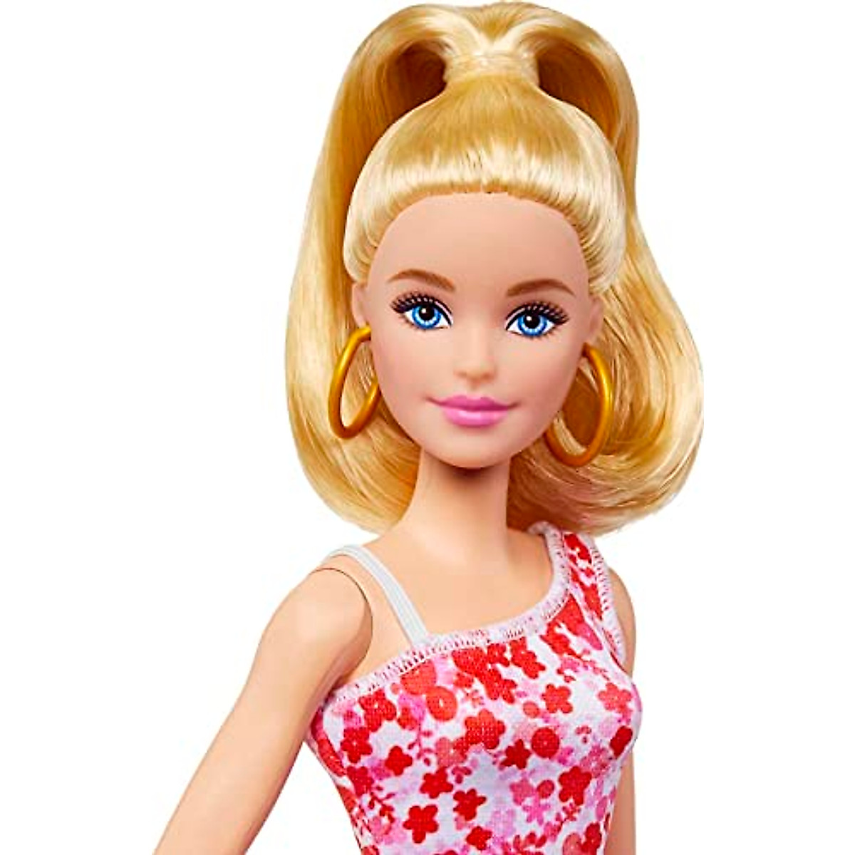 Barbie Fashionistas Doll #205 with Blond Ponytail, Wearing Pink and Red Floral Dress, Platform Sandals and Hoop Earrings
