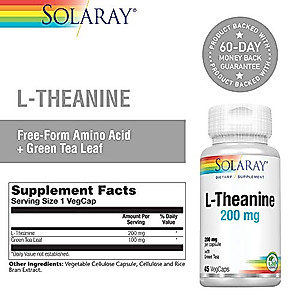 SOLARAY L-Theanine - 45 VegCaps - 200 mg + 100 mg Green Tea Leaf