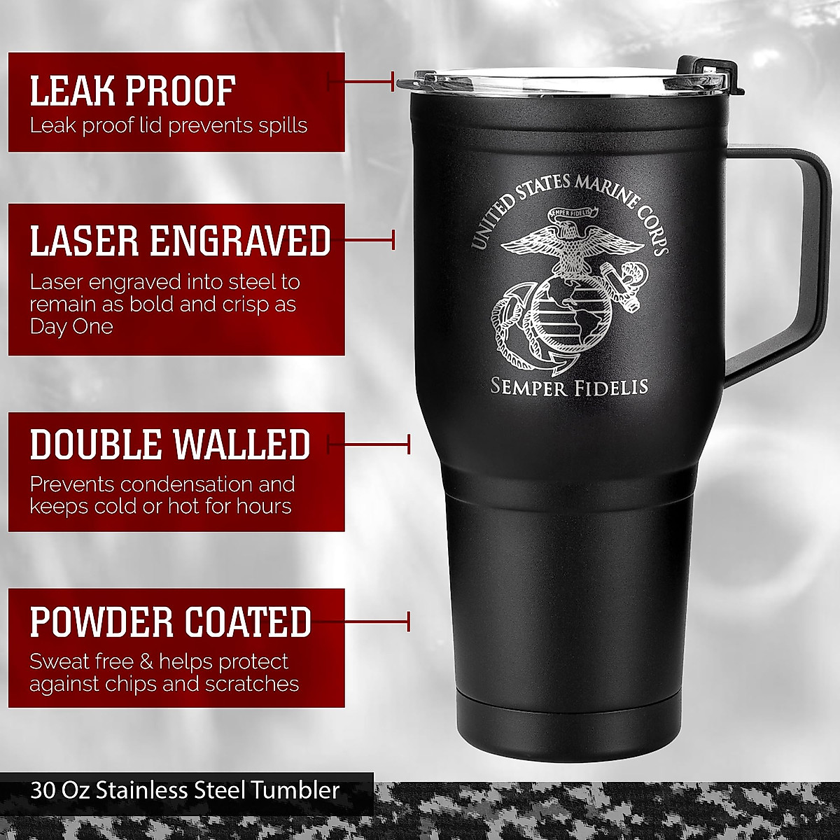 Military Veteran Products 30 oz USMC Coffee Tumbler with Handle- Double Wall Vacuum Insulated Stainless Steel Marine Corps Tumbler Travel Mug – USMC Vet Owned Business