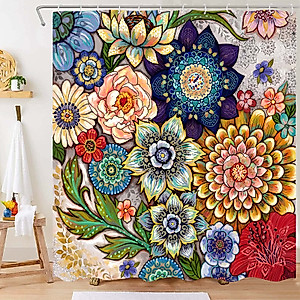 Neasow Boho Floral Shower Curtains for Bathroom, Bright Fabric Blossom Shower Curtain with 12 Hooks, Multi Color 72"×72"