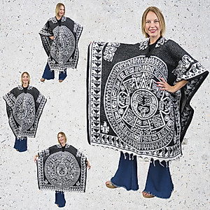 Ethnic Identity Mexican Poncho Aztec Calendar for Men and Women | Reversible Cobija Blanket for Fiesta, Outdoor Activities, Hiking,Hunting, and Camping (Black)
