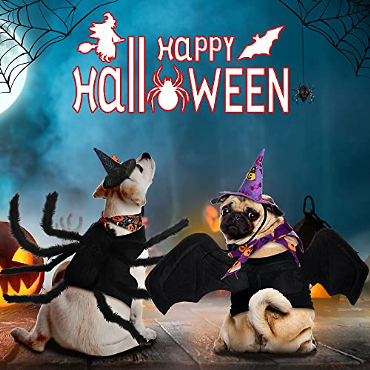 6 Pcs Pet Halloween Costumes Dogs Spider Costume Puppy Cats Bat Wings Costume with 2 Halloween Dog Bandanas 2 Halloween Pumpkin Witch Hat Halloween Pets Cosplay Costumes Accessories for Dog Cat Puppy