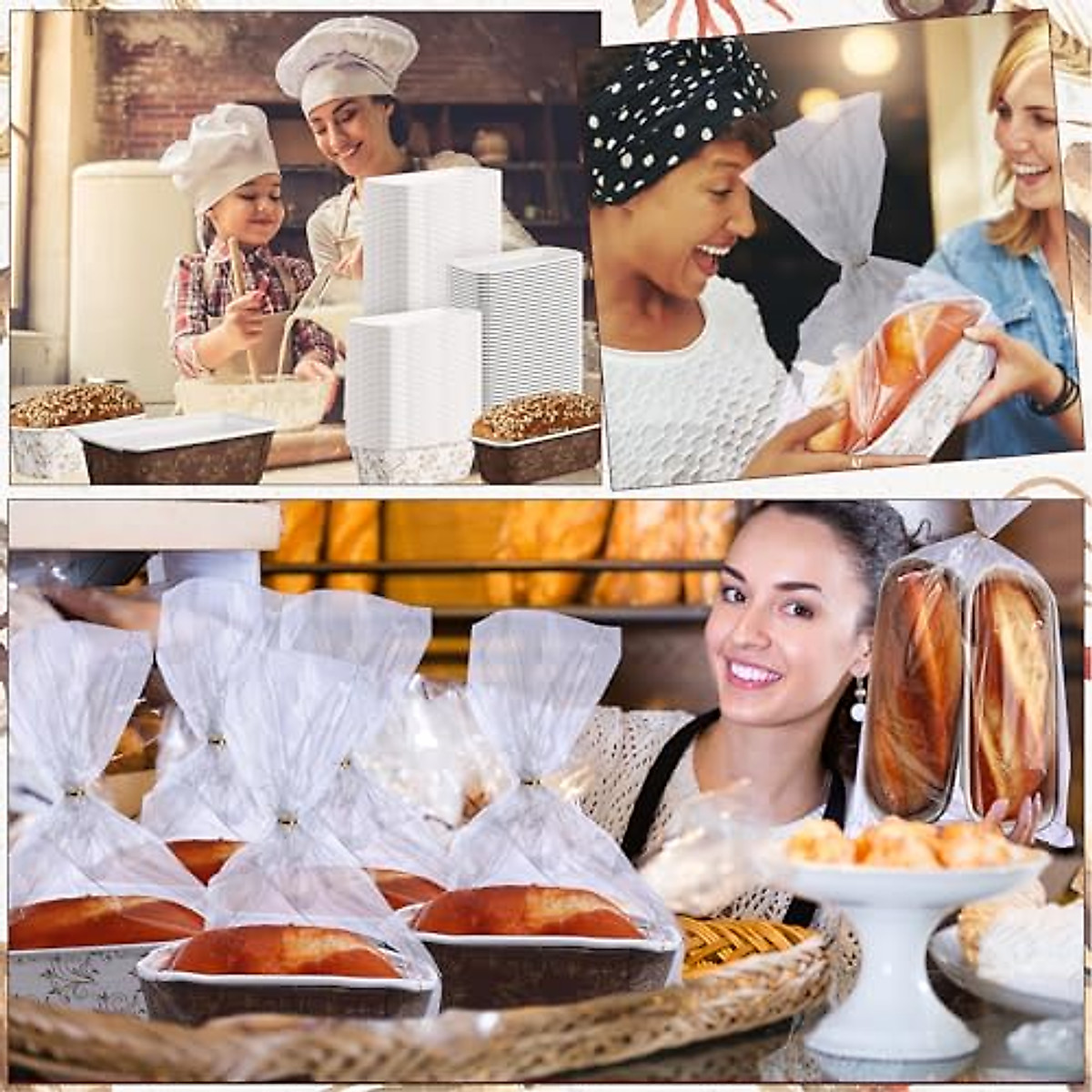 Maxcheck 100 Pcs Paper Loaf Pans 6.3 x 2.2 x 2.2 Inch Disposable Loaf Pan Liners with Clear Plastic Bags and Ties Paper Rectangle Baking Mold for Bread Cake Bakery(White, Coffee)