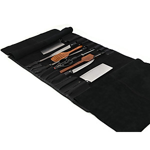 Aaron Leather Goods Leather Knife Roll Storage Bag | Elastic and Expandable 10 Pockets | 6 Leather Pocket | Travel-Friendly Chef Knife Case Roll (Raven, Leather)