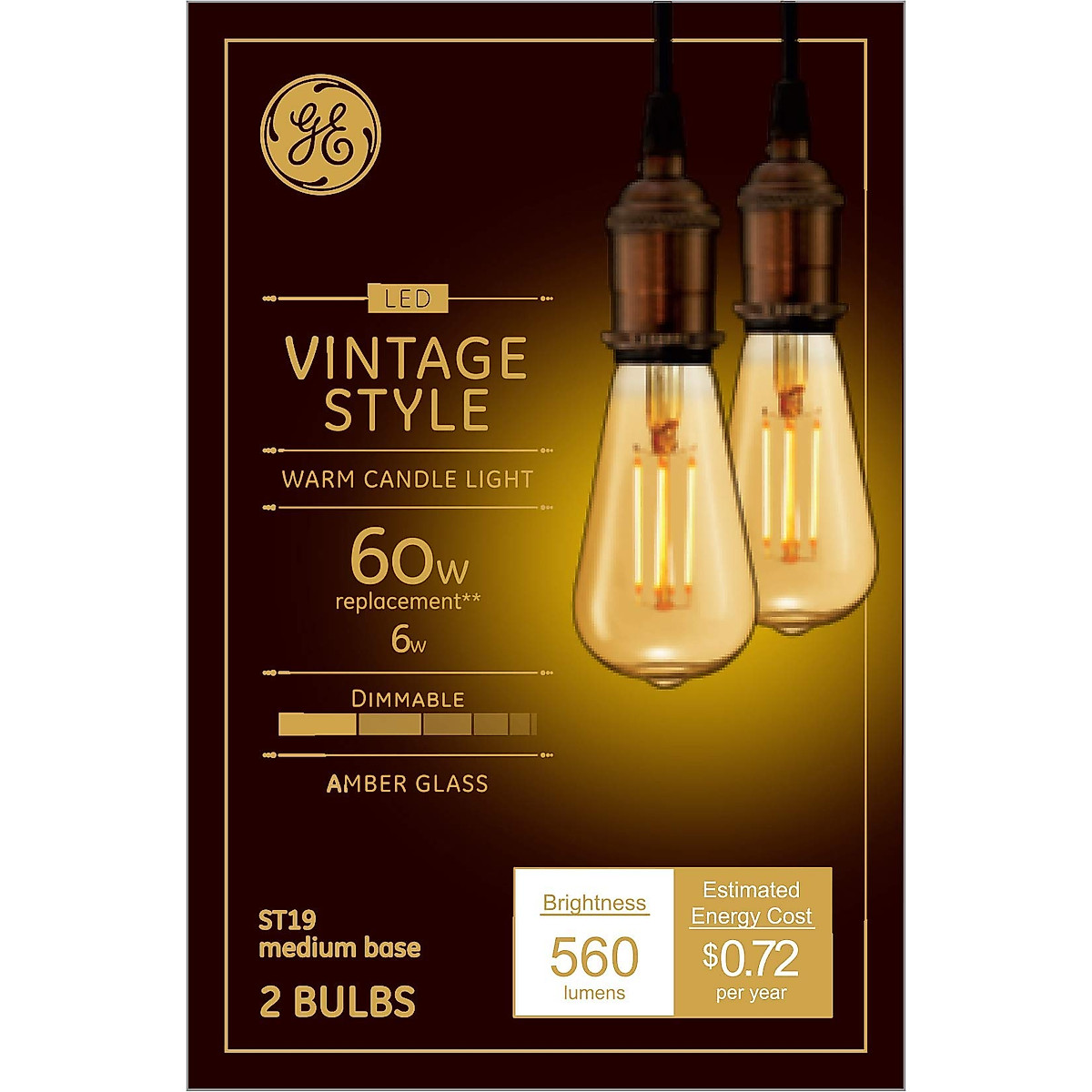 GE Lighting Vintage Edison Style LED Light Bulbs, 6 Watts (60 Watt Equivalent) Warm Candle Light, Amber Glass, Medium Base, Dimmable (2 Pack)