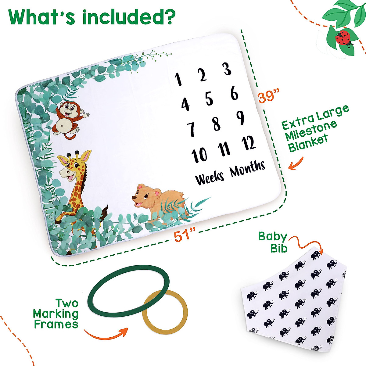 90210 Baby Milestone Blanket – 50x40-inch Milestone Blanket with Bib & Frames – Soft Fleece Baby Milestone Photo Blanket – Gender Neutral Baby Grow Chart Blanket for Nursery Décor Baby Shower (Jungle)