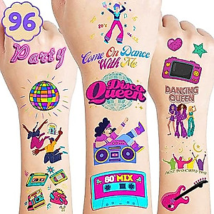 8 Sheets (96PCS) Disco Temporary Tattoos Birthday Party Decorations Supplies Tattoos Stickers Cute Party Favors Kids Girls Boys Gifts Classroom School Prizes Themed