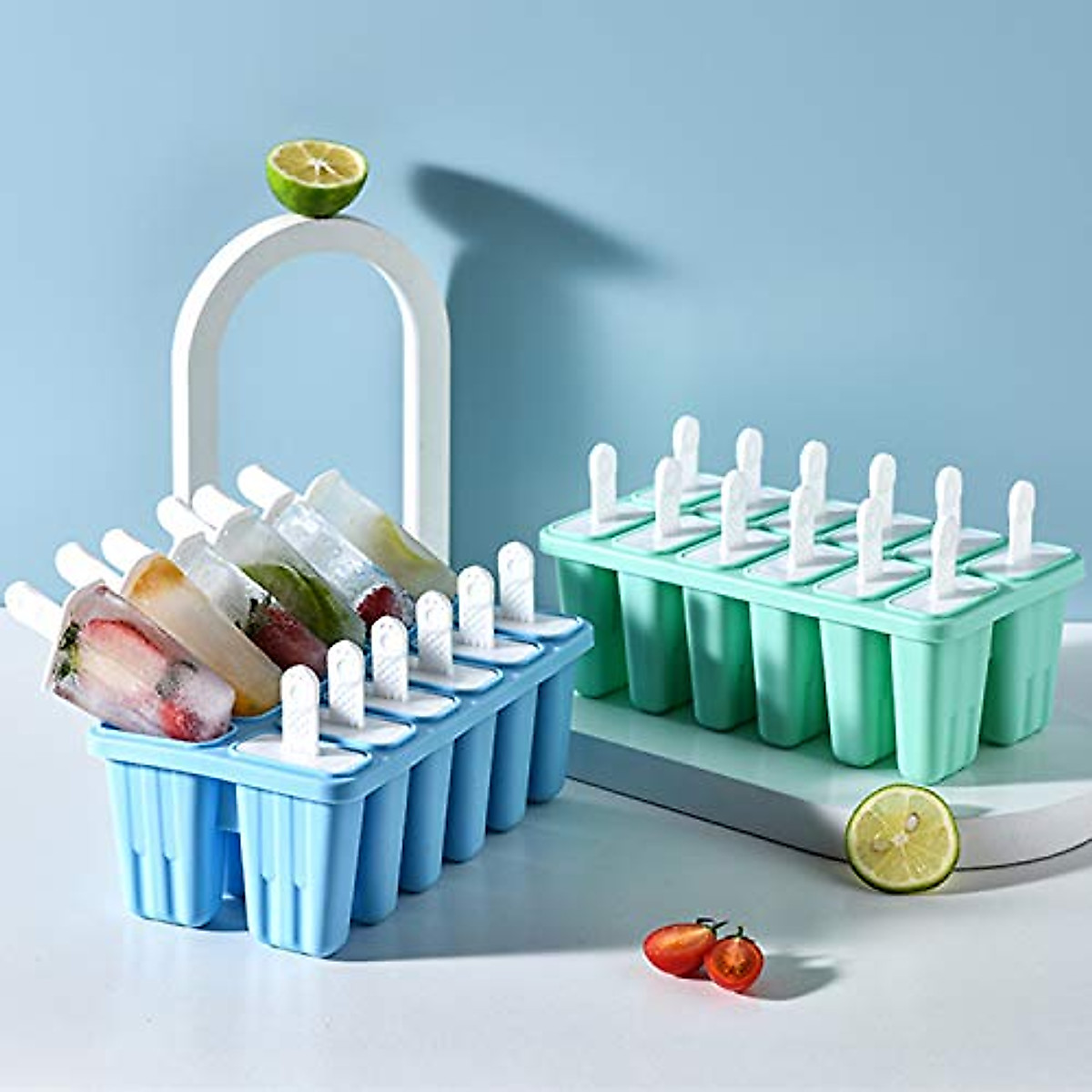 Popsicle Molds，Popsicle Mold12 Pieces Silicone Ice Pop Popsicle Easy Release (12 Cavities, Light Blue)