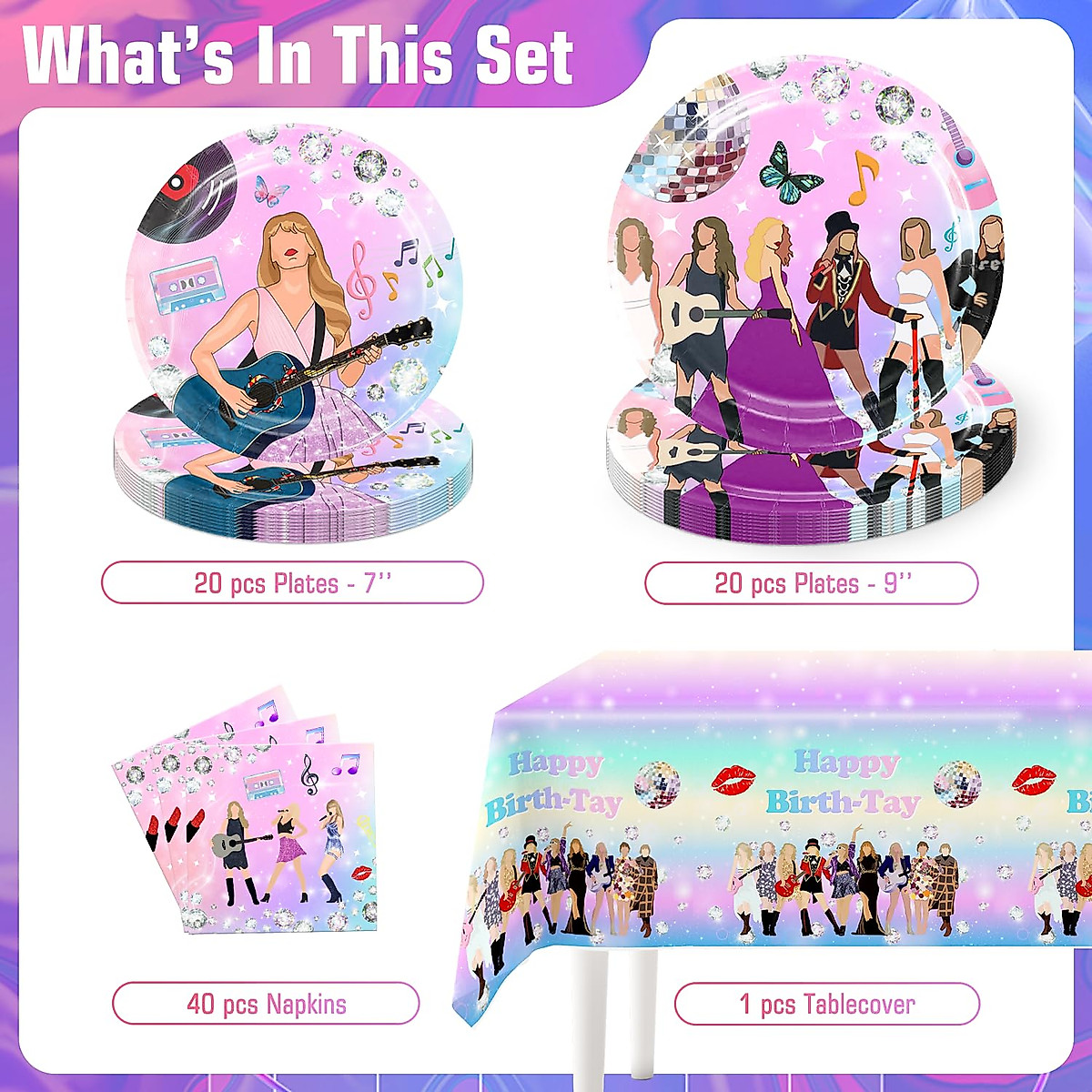81pcs Birthday Party Decorations Plates, Birthday Party Supplies Include 40pcs Plates 40pcs Napkins 1pc Tablecloth Music Party Plates for Music Party Decorations Serves 20 Guests