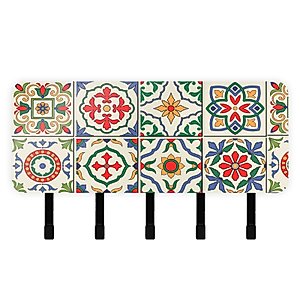 Oyihfvs Colorful Moroccan, Portuguese Tiles, Ornaments Flowers Wall Adhesive Key Holder, Mounted Mail Holder for Home Wall Door Bathroom Kitchen Dormitory Office Decor 7.1x4.1x1.2in