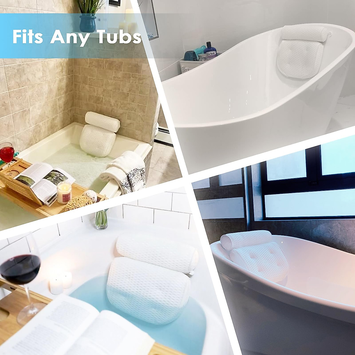 AEROiVi Bathtub Pillow Headrest Bath Pillows for Tub Neck and Back Support with Non Slip Suction Cups Spa Bath Cushion Relaxing Bathroom Accessories