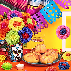 18 Pieces Colorful Fiesta Tissue Paper Flowers with 30 Pieces Green Pipe Cleaners Mexican Carnival Tissue Paper Flowers Chenille Stems Floral for Fiesta Party Baby Shower Wedding Birthday Party