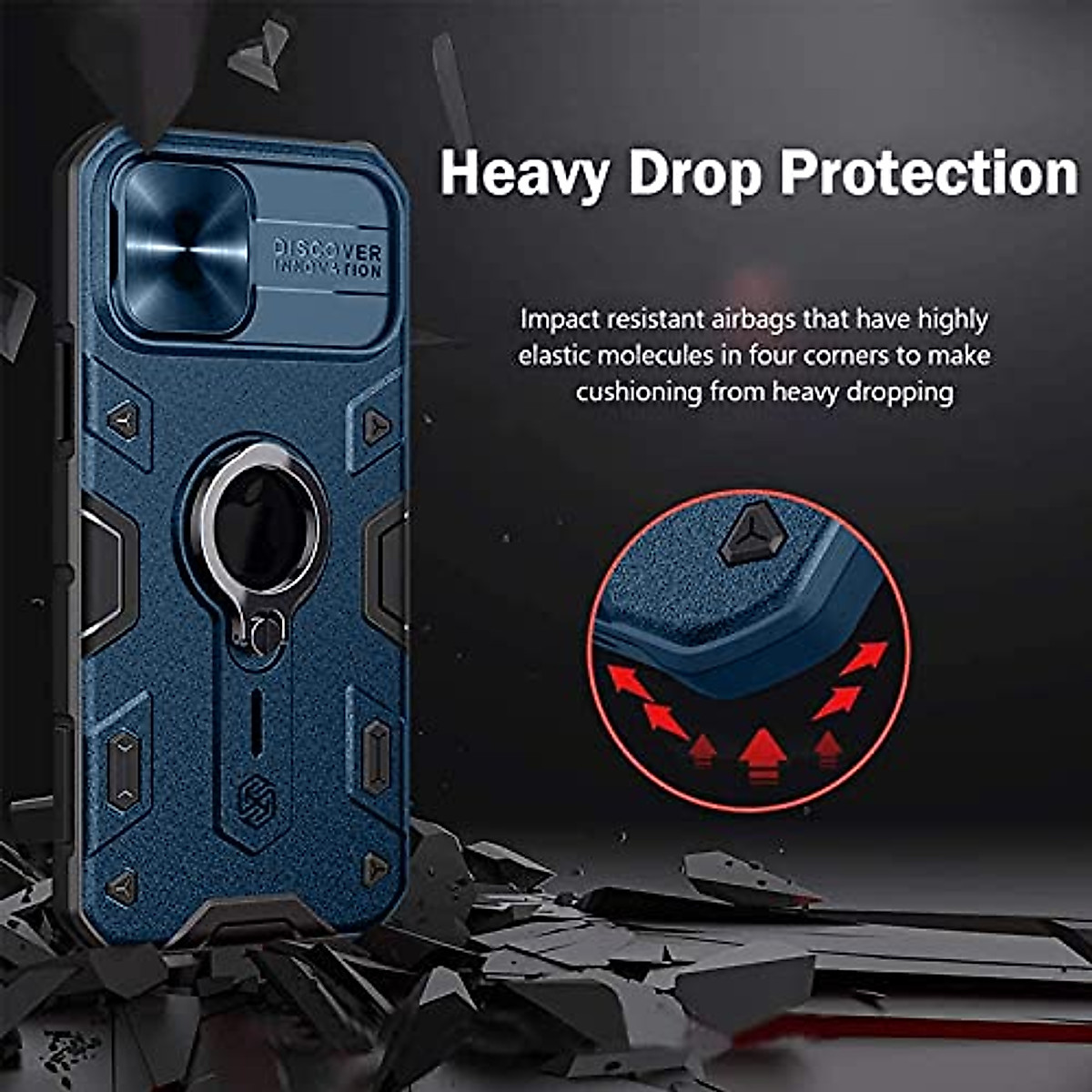 CloudValley for iPhone 12 Pro Max Case with Camera Cover & Kickstand, Slide Lens Protection + 360° Rotate Ring Stand, Impact-Resistant, Shockproof, Protective Bumper, Blue Armor Style