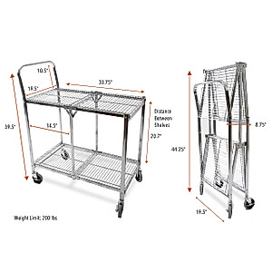 Stand Steady Original Tubstr Collapsible 2 Shelf Wire Cart, Easy to Push Heavy Duty Rolling Utility Cart, Holds 200 Pounds & Folds Up for Storage, Commercial Grade (Chrome, 33.75in x 19.5in x 39.5in)