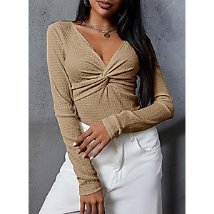 Dokotoo Tops for Women 2024 Outfits Clothes Fall Sweaters Long Sleeve V Neck Blouses for Women Dressy Casual Fashion Business Women's Tops T Shirts Fitted Shirts Tight Basic Green