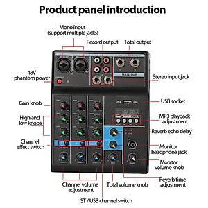 Professional Audio Mixer, ALPOWL Sound Board Console System, Interface 4 Channel Digital USB Bluetooth MP3 Computer Input 48V Phantom Power Stereo DJ Studio Streaming FX 16-Bit DSP Processor