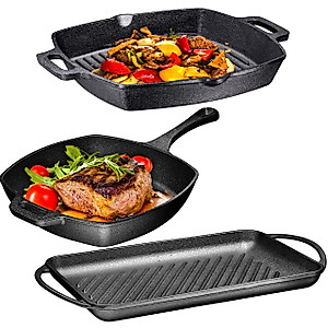 Bruntmor Pre Seasoned Cast Iron 3 Piece Grill Bundle Gift Set, Rectangular grill Pan, Grill Skillet, Square Grill Pan, Camping Cookware Set