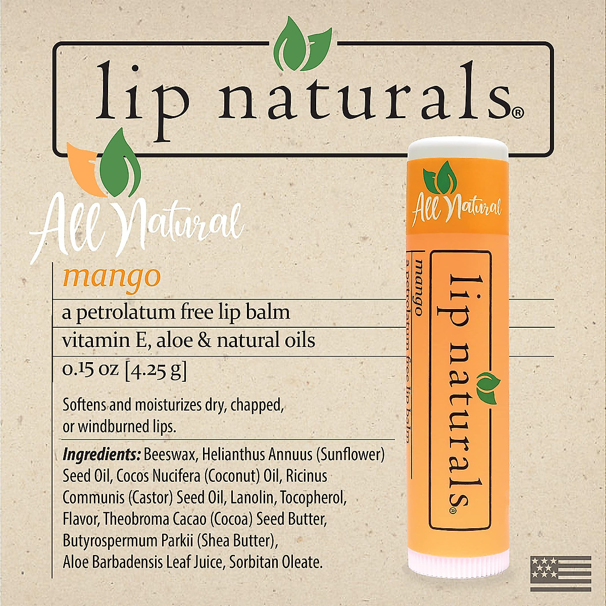 Lip Naturals® All Natural Lip Balm in a 6-Count Variety Pack: Mango, Peppermint, and Vanilla Flavors