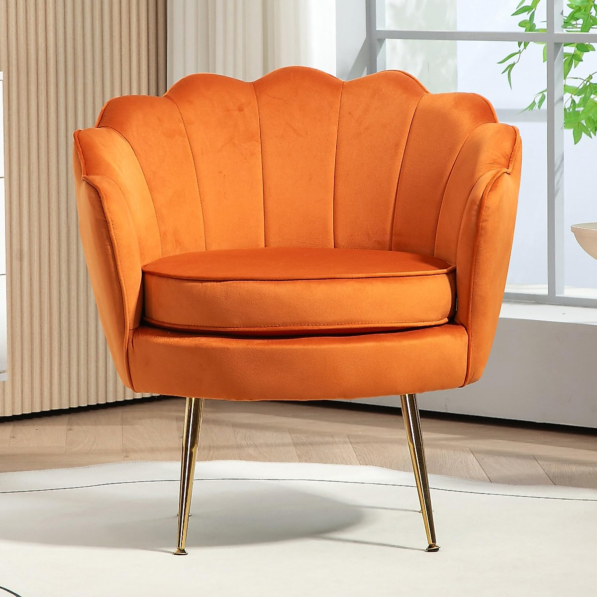 US Pride Furniture Velvet Barrel Chair, Stylish Accent with Scalloped Backrest and Gold Metal Legs, Suitable for Traditional, Modern, and Contemporary Living Rooms, Orange