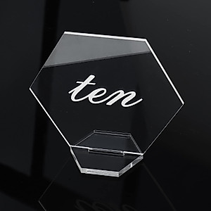 HighFree Hexagon Acrylic Table Numbers 1-20 with Stand - Printed Calligraphy Place Cards, Clear Acrylic Table Numbers for Wedding Reception, 4x4.5 inch, Set of 21