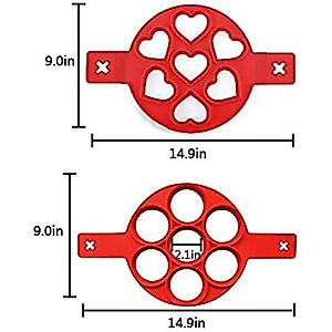 Onebycitess 2 Pack Pancake Mold Maker,Nonstick Silicone Egg Rings Egg Cooker 7 Holes Muffin Baking Pancake Mould(Round/Heart)