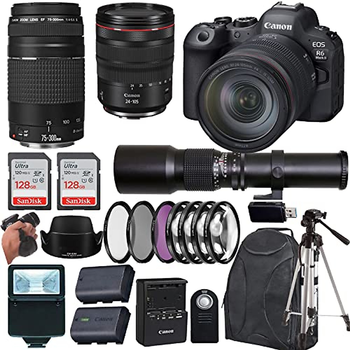 Canon EOS R6 Mark II Mirrorless Camera with RF 24-105mm f/4 L is USM Lens+ Canon EF 75-300mm f/4L III Lens+500mm f/8 Preset Telephoto Lens+case+256Memory Cards (24PC)