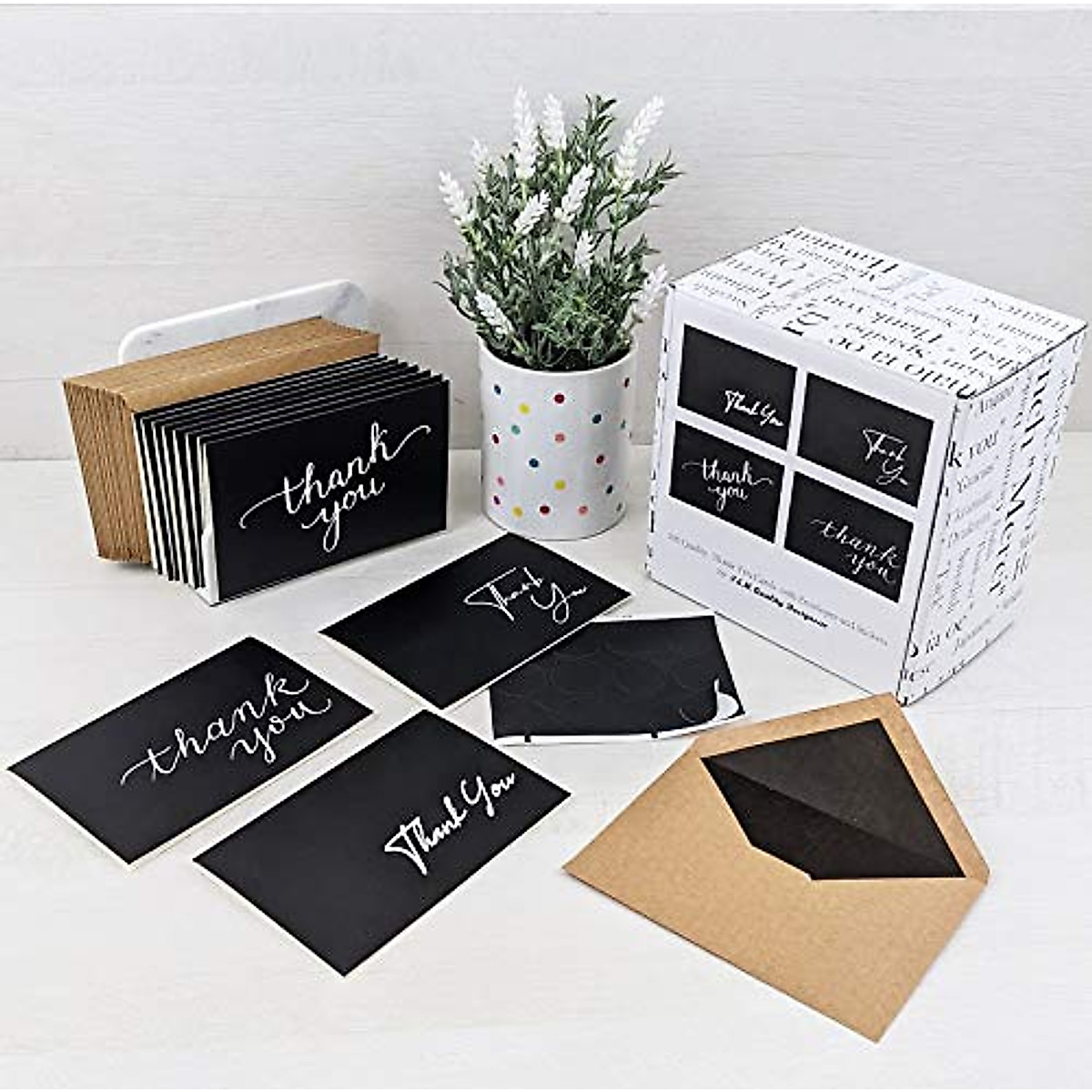 100 Black Thank You Cards with Brown Kraft Envelopes and Stickers - 4 Designs Bulk Notes for Official, Formal, Office, Graduations, Business, 4x6 Inch Folded
