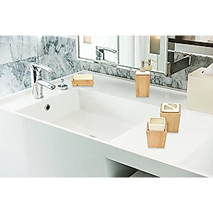 Homiu Bath Set Bamboo and Porcelain, 4 Piece Soap Dish, Toothbrush Holder, Tumbler, Liquid Soap/ Lotion Dispenser, Bathroom Accessories Modern Design, White
