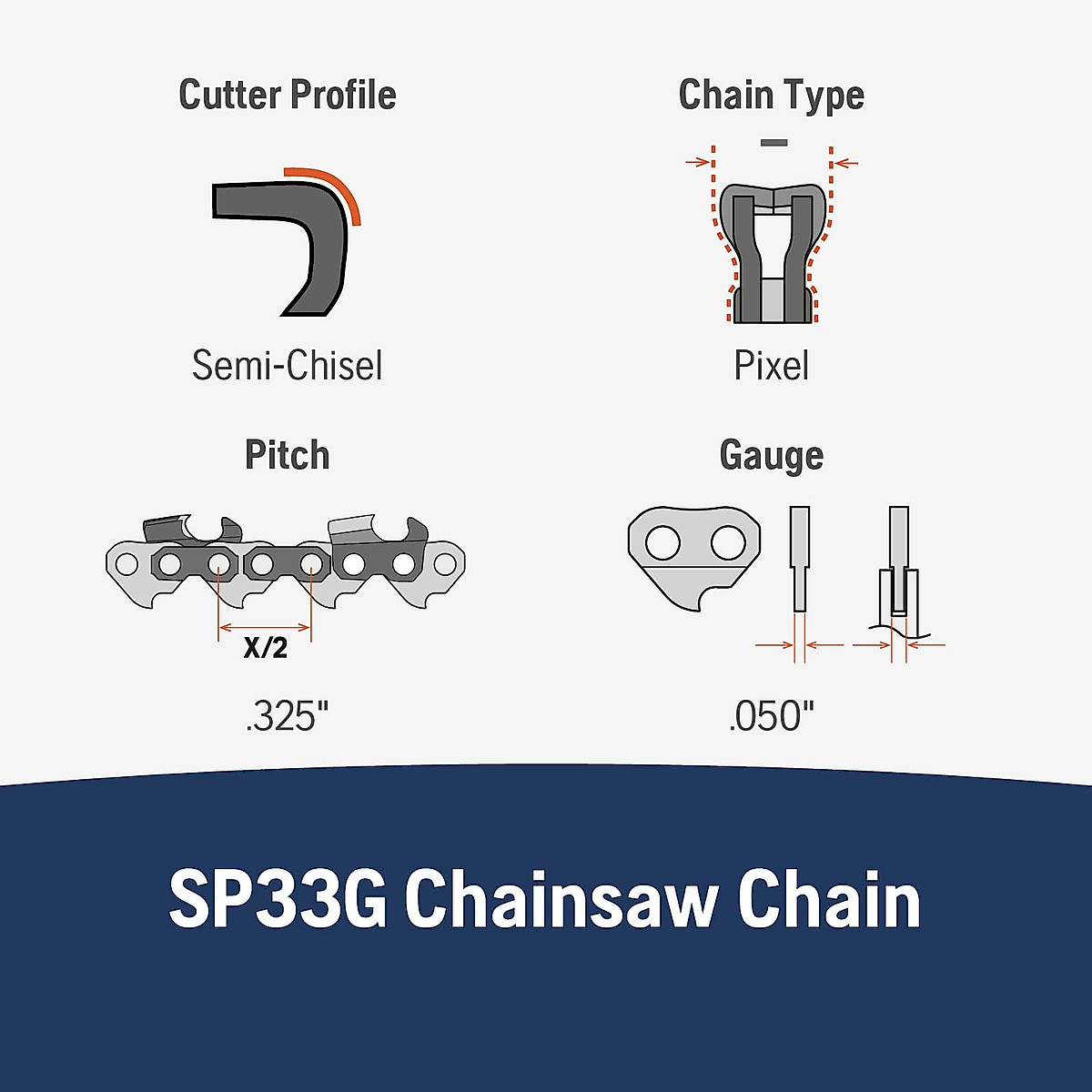 Husqvarna X-Cut SP33G 16 Inch Chainsaw Chain, 325" Pitch, 050" Gauge, 66 Drive Links, Pre-Stretched Chainsaw Blade Replacement with Superior Lubrication and Low Kickback,Grey