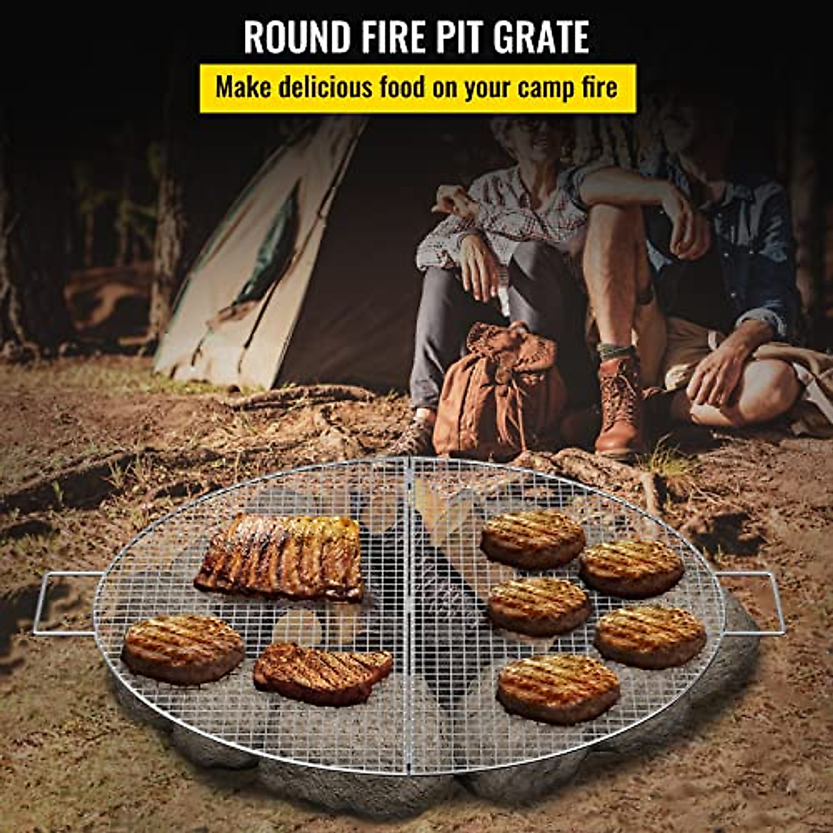 VEVOR Fire Pit Cooking Grill Grate 24 Inch, Foldable Round Cooking Grate, Stainless Steel Tight Grid Campfire BBQ Grill with Portable Handle for Outdoor Picnic Party & Gathering, Silver