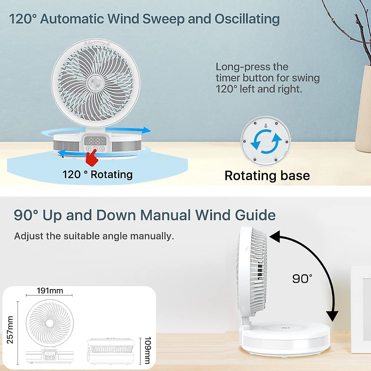 Jassco Air Circulator Fan, Desktop Fan, Portable Oscillating Table Fan for Whole Room, Wall-Mounted Fan, 4 Speeds, Personal Cooling Fan with LED Night Light for Home, Dorm, Workout