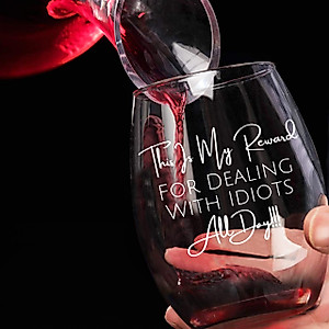 SNG World My Reward For Dealing With Idiots Wine Tumbler Drinking Glass Stemless Wine Glass 21 Oz with Funny Sayings For Women & Men