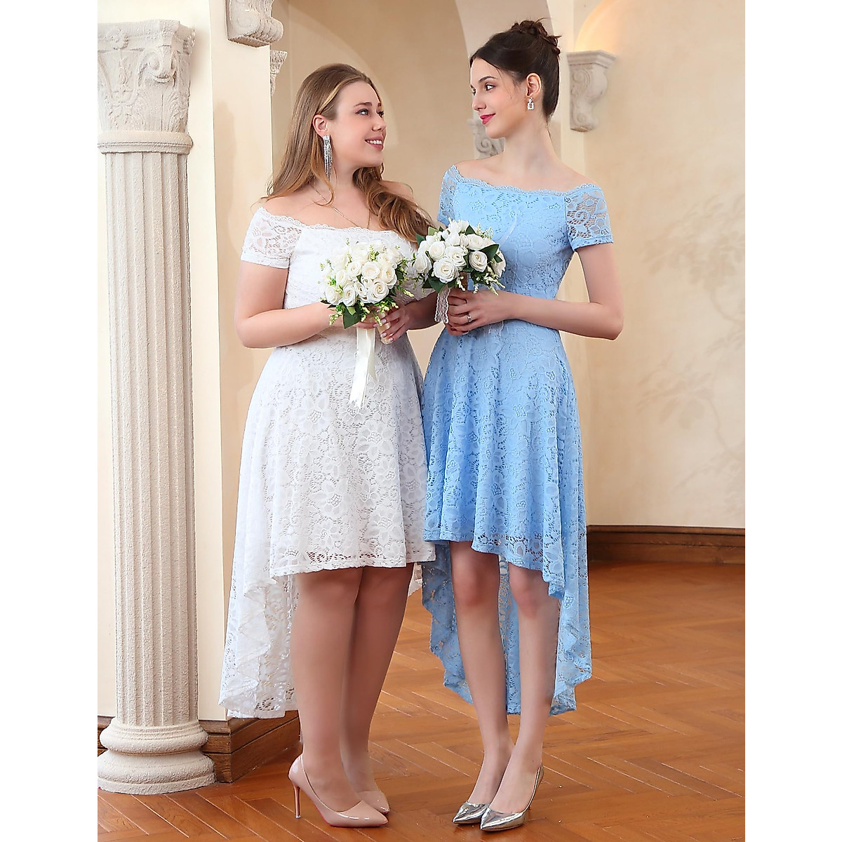 Dressystar Women's Lace Cocktail Dress Hi-Lo Off Shoulder Bridesmaid Swing Formal Party Dress 0042 White L