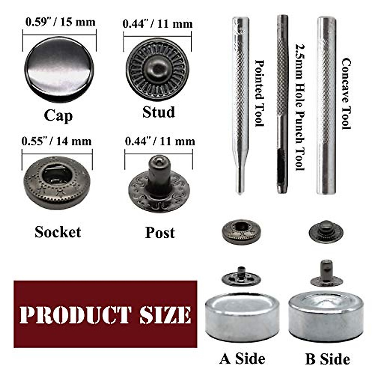 12 Sets Heavy Duty Leather Snap Fasteners Kit, 15mm Metal Snap Buttons Kit Press Studs with 4 Install Tools, Leather Rivets and Snaps for Clothing, Leather, Jeans, Jackets, Bracelets, Bags (Black)