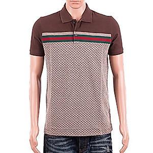 Gucci Mens Polo Shirt Brown with Diamante Print and Front Stripe Signature (XL)