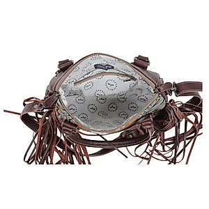 Myra Bag Maia Cowhide Purse - Western Style Purses for Women with Azure Embossed Leather and Brown & White Cowhide Design, Floral Tooled Accents and Fringes, Cow Hide Purse, Cowhide Purses for Women