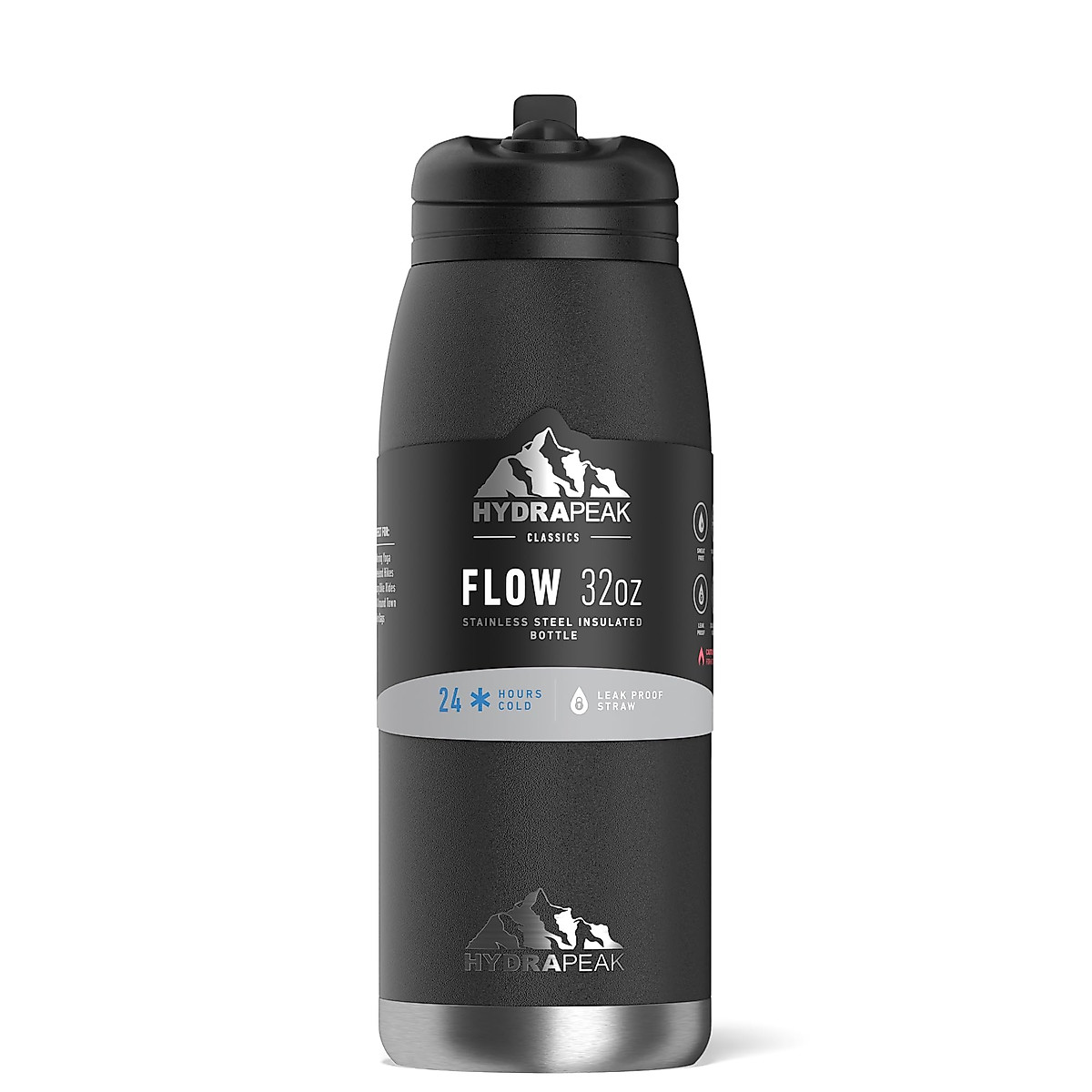 Hydrapeak Flow 32oz Insulated Water Bottle with Straw Lid | Double Wall Vacuum Insulated Stainless Steel Water Bottles, BPA-Free and Leak-Proof, Wide Mouth Flask with Bite Straw and Handle (Black)