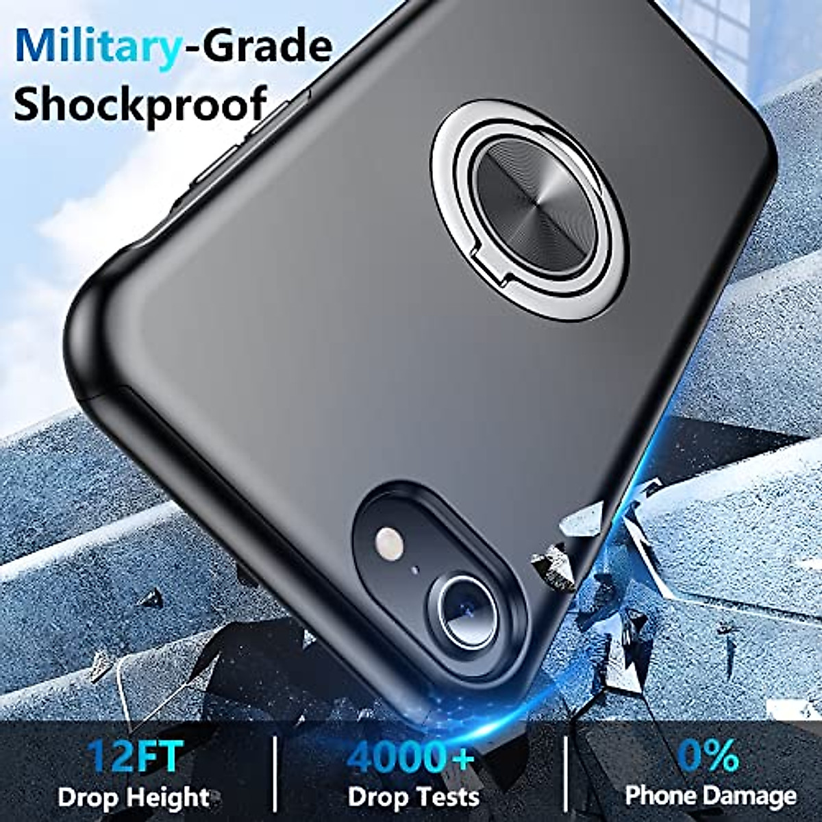 okzilla for iPhone SE Case 2022/3rd/2020, with [360 Rotation Ring Bracket Stand] [No Fall-Off Kickstand] [Military Grade Drop Protection] Slim Thin Shockproof Phone Case Cover 4.7 inch - Black