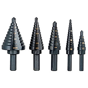 findmall 5Pcs Step Drill Bit Set 50 Sizes 1/8-1-3/8 Inch M2 High Speed Steel Black Oxide Step Drill Bit Fit for Electrical Plumbing and DIY Lovers