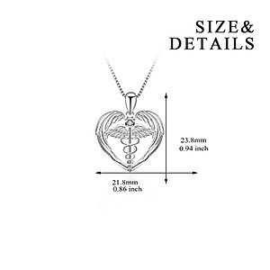 YFN Sterling Silver Caduceus Angel Nursing Themed Pendant Necklace 18" (Nurse Necklace) (Nurse Necklace) (Silver)