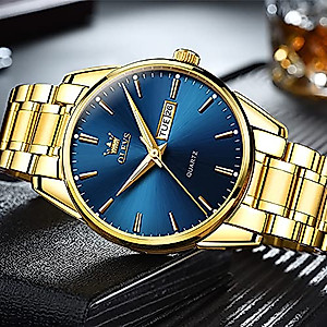 OLEVS Mens Gold Watches Analog Quartz Business Dress Watch Day Date Stainless Steel Classic Luxury Luminous Waterproof Casual Male Wrist Watches Blue Face