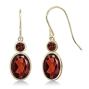 Gem Stone King 14K Yellow Gold Red Garnet Hook French Fish Ear Wire Dangle Earrings For Women (3.04 Cttw, Gemstone January Birthstone, Oval 8X6MM, Round 3MM)