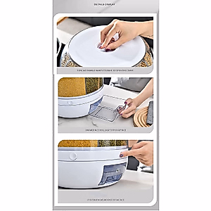 WJSP Cereal Dispenser Rice Bucket Dispenser 6 Grid 360° Rotating Rice Container Automatic Waterproof and Moisture-Proof Rice Storage Box for Kitchen, White