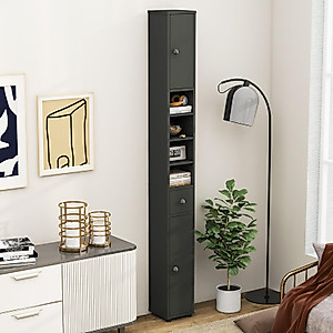 Tangkula Tall Slim Bathroom Storage Cabinet, 71" Freestanding Bathroom Cabinet w/ 2 Doors, 1 Drawer & 5 Adjustable Shelves, Floor Narrow Tower Cabinet for Small Spaces, 8" x 8" x 71" (Grey)