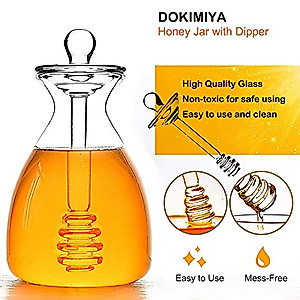 DOKIMIYA Honey Pot Glass Honey Dispenser Jar with Dipper and Lid Cover for Home Kitchen, Clear, 14 Ounces