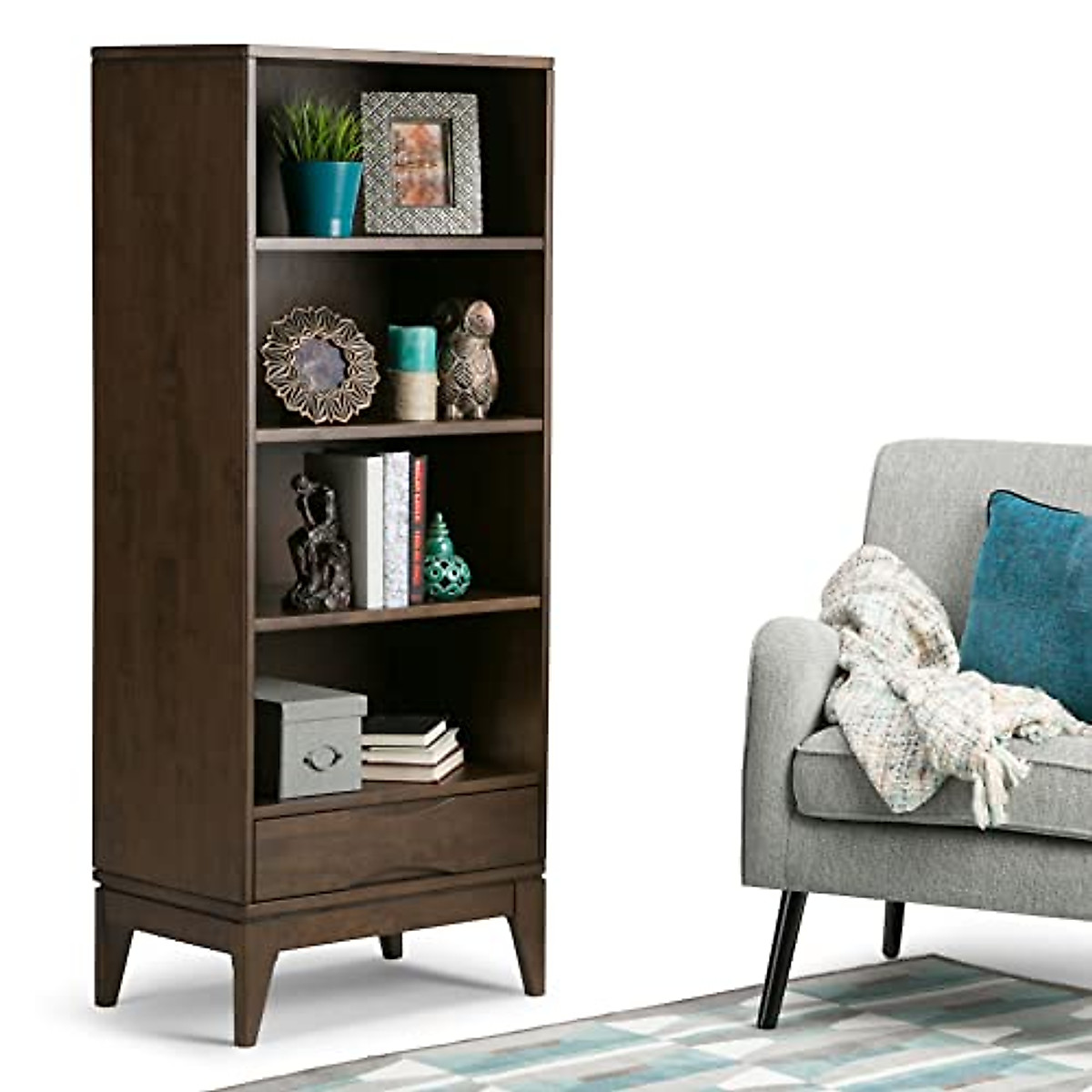 SIMPLIHOME Harper SOLID HARDWOOD 24 Inch Mid Century Modern Bookcase with Storage in Walnut Brown, For the Living Room, Study Room and Office